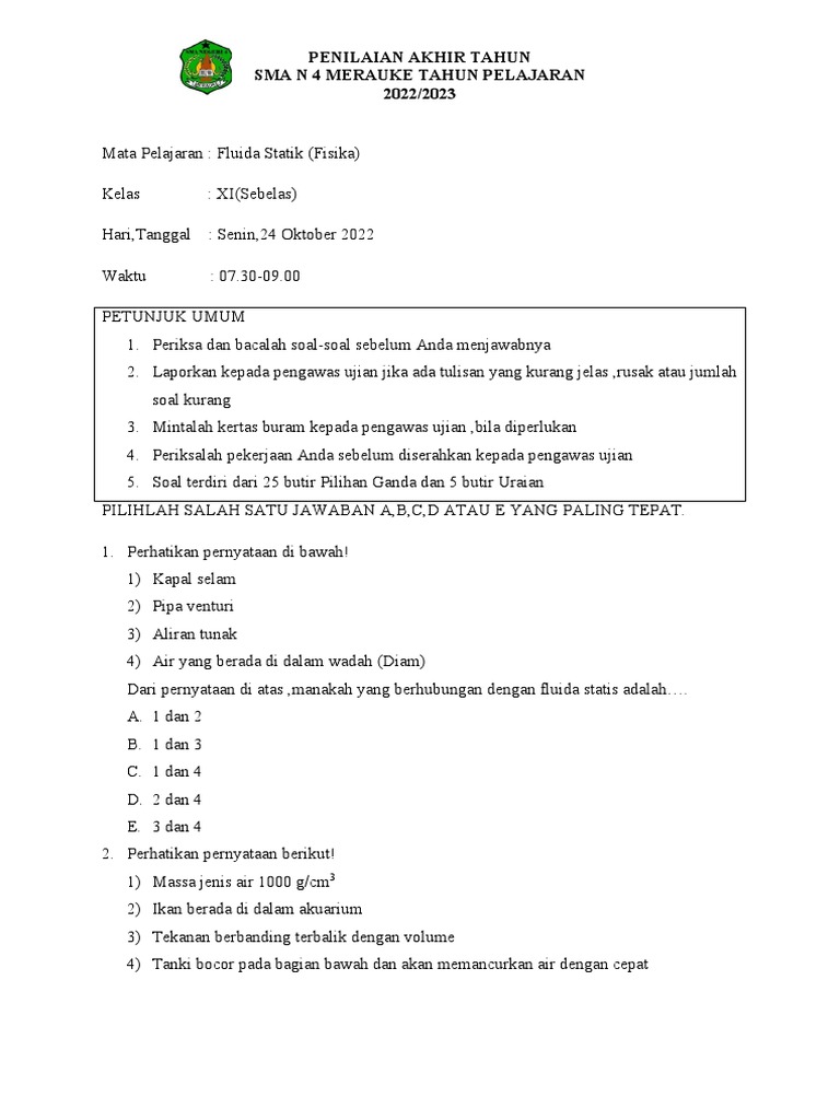 Contoh Soal Fluida Statis | PDF