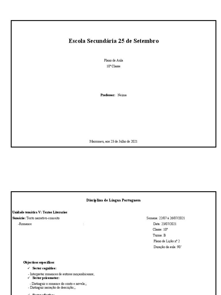 Plano de Aula 11 Classe - 22 | PDF | Novela | Tempo