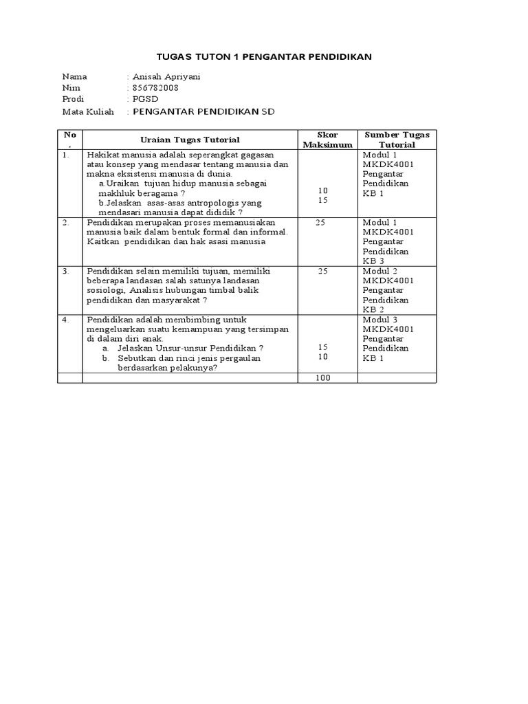 Tugas Tuton 1 Pengantar Pendidikan | PDF