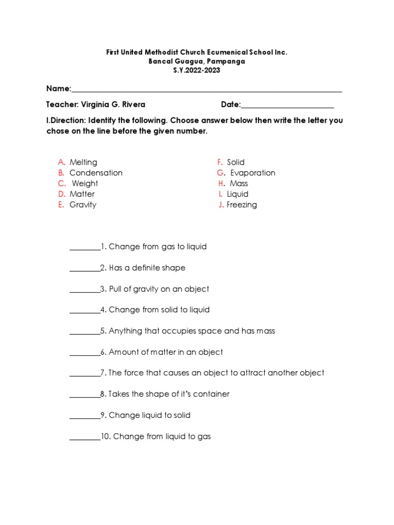 First QUARTER EXAM IN SCIENCE 2022 2023 | PDF | Liquids | Matter