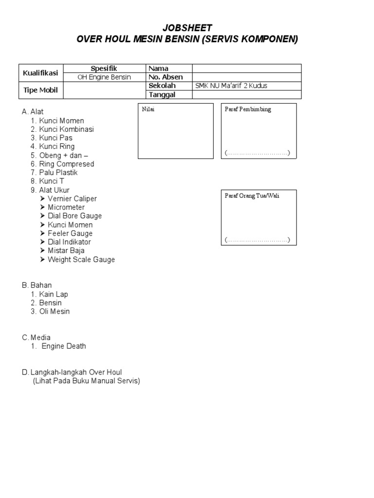Jobsheet Overhoul Mesin Bensin Kelas X | PDF