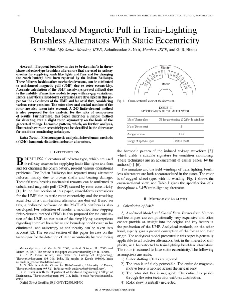 Unbalanced Magnetic Pull in Train-Lighting Brushless Alternators With Static Eccentricity | PDF ...
