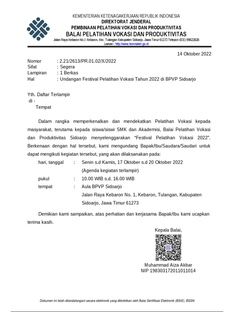 Undangan Festival Pelatihan Vokasi BPVP Sidoarjo 2022 | PDF
