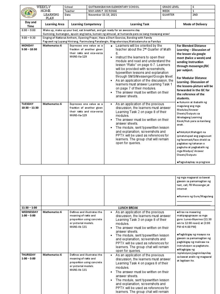 Weekly Home Learning Plan for Grade 6 Students Focused on Mathematics Lessons about Ratios and ...