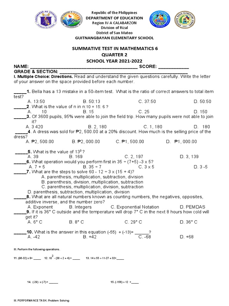 Grade 6 Math Summative Test Q2 | PDF | Exponentiation | Elementary ...