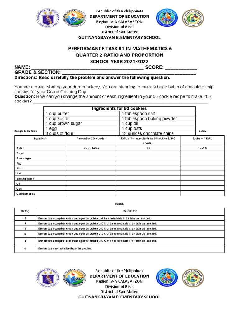 MATH Performance Task No. 1 2 Q2 | PDF | Chocolate | Baking Powder