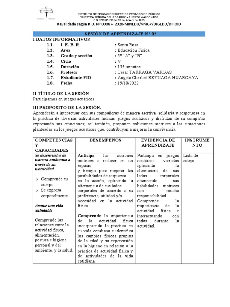 Sesion de La Exp. 10 Del V Ciclo 5grado | PDF | Aprendizaje | Nadando