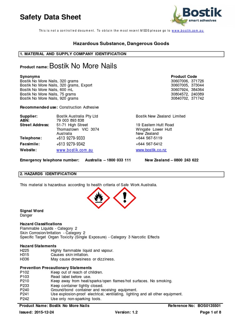 Bostik No More Nails-SDS | PDF | Toxicity | Dangerous Goods