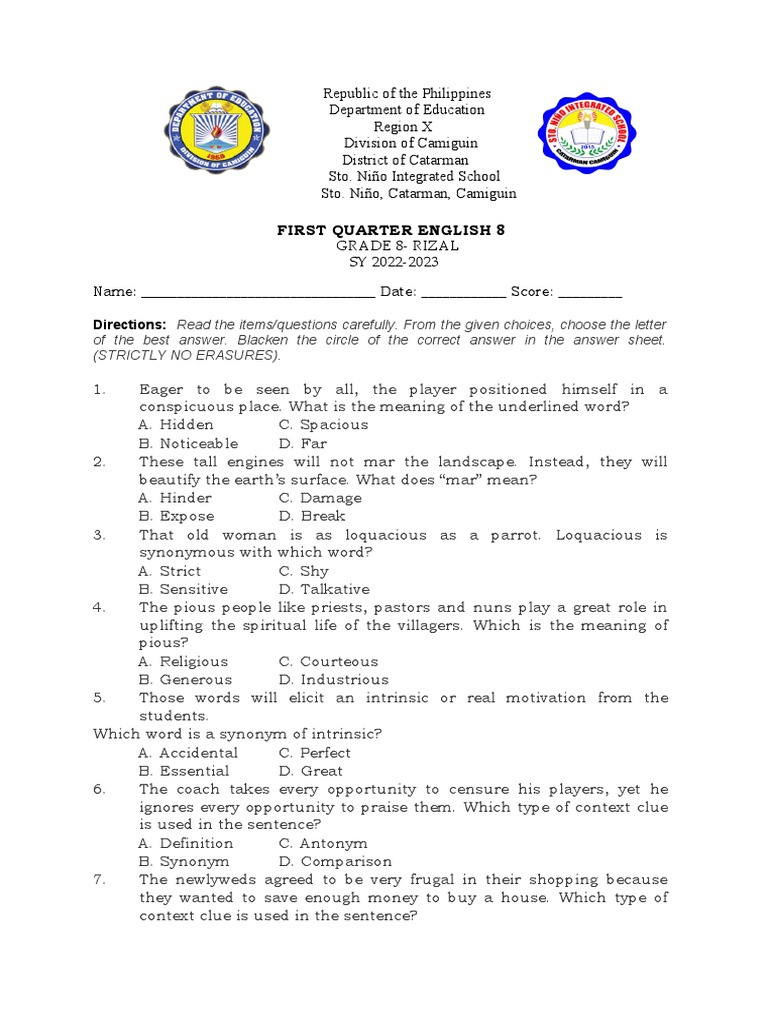 English 8 First Quarter Assessment Pdf Bibliography Verb