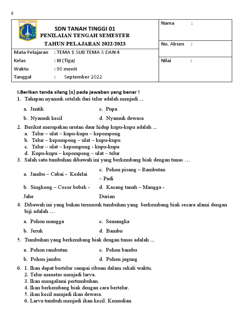 SOAL PTS KELAS 3 TEMA 1 Bagian 2 | PDF