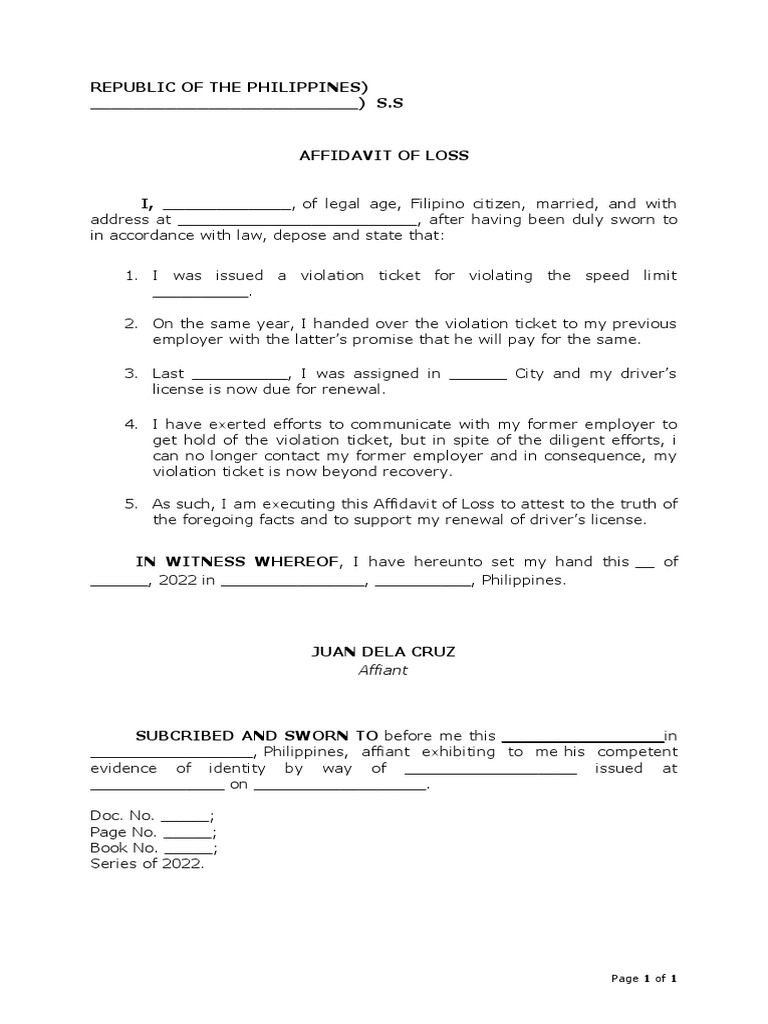 Affidavit of Loss - Sample | PDF