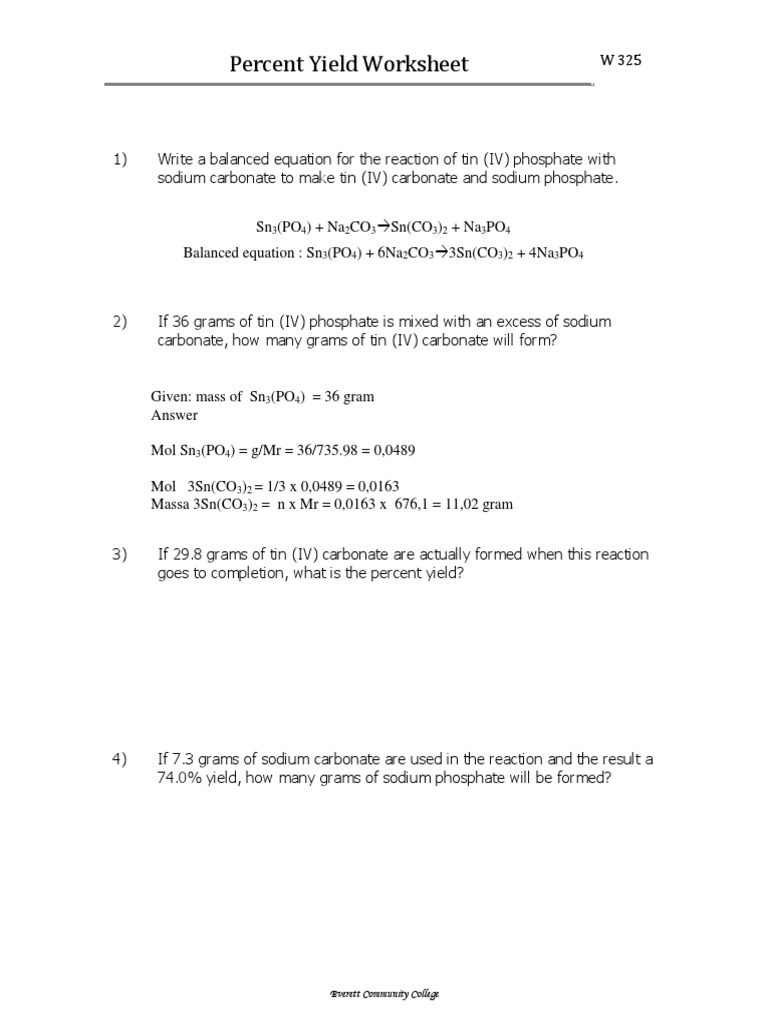 Percent Yield Worksheet: Everett Community College | PDF
