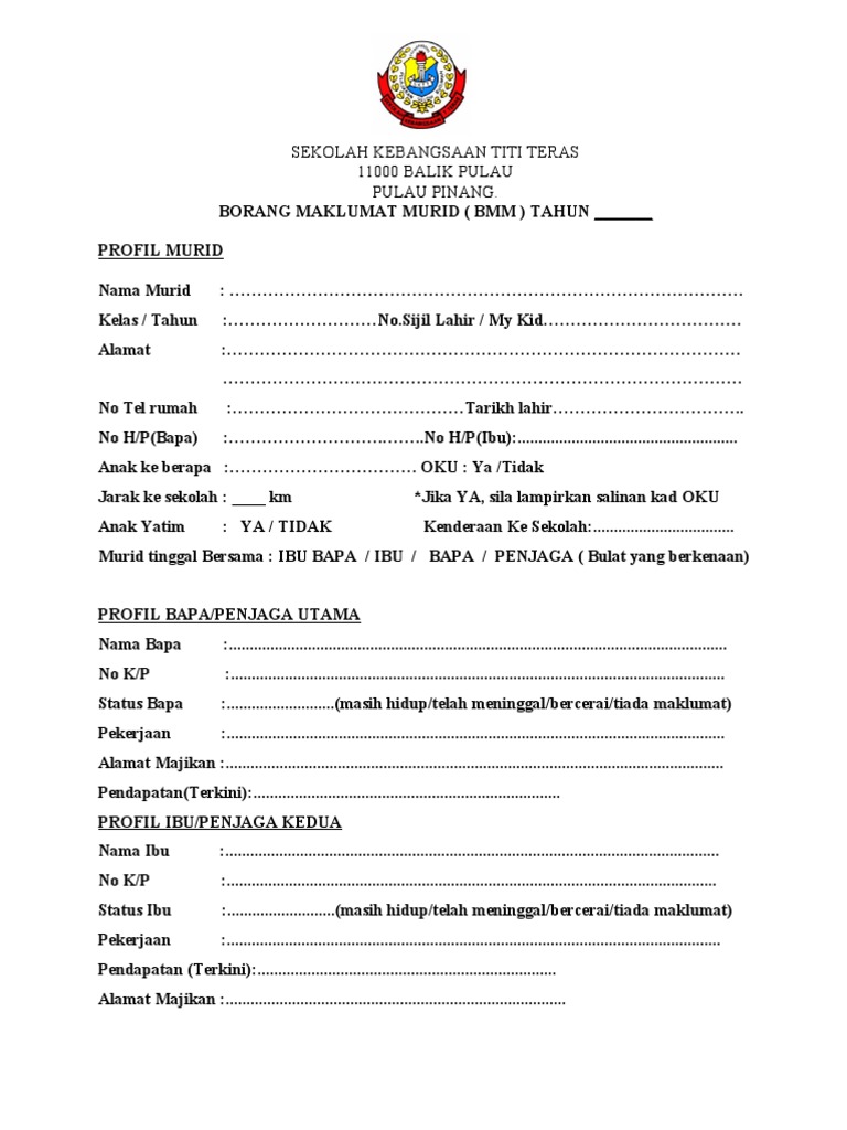 Borang Maklumat Murid SKTT | PDF