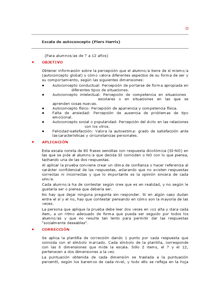 Escala de Autoconcepto Piers Harris | PDF | Ansiedad | Ciencia cognitiva