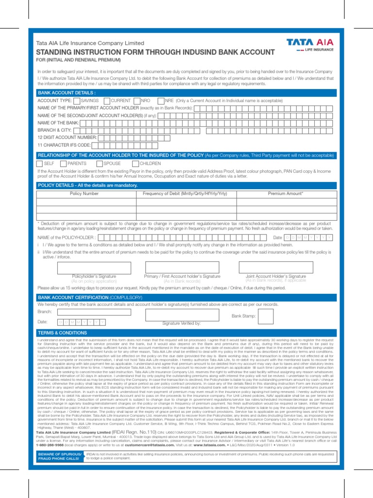 IndusInd Bank Standing Instruction Form | PDF | Insurance | Life Insurance