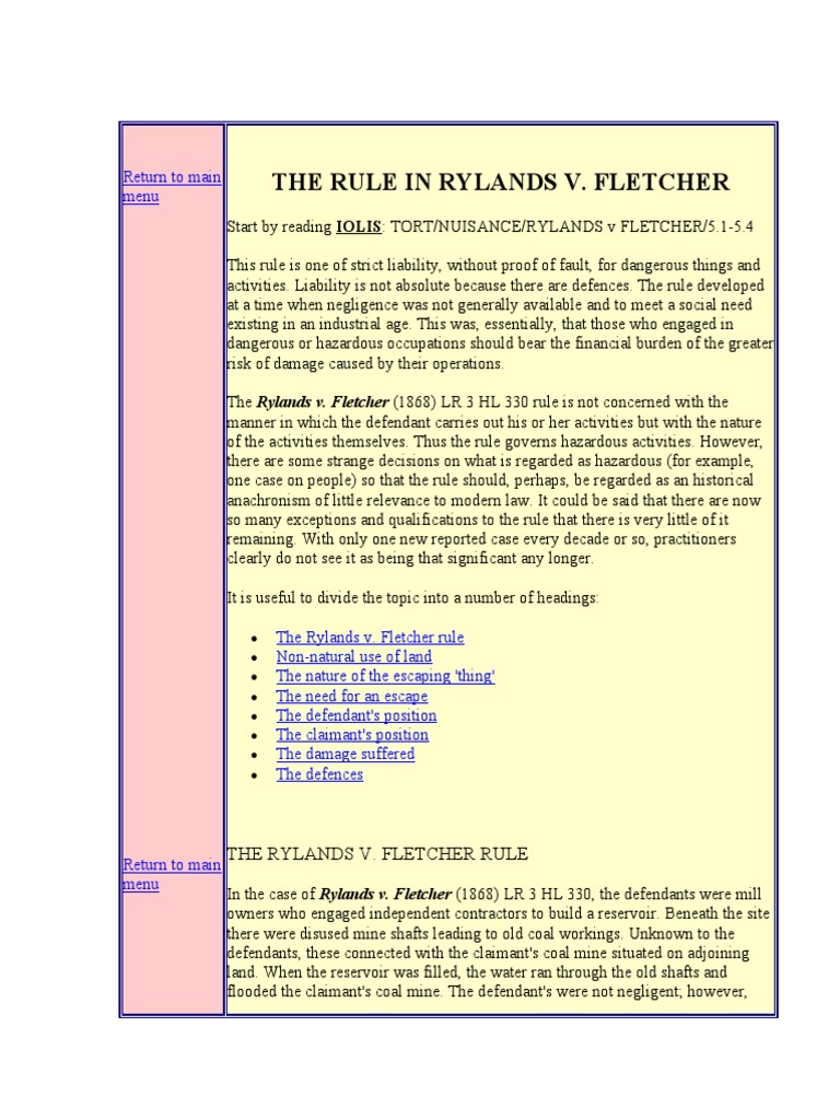 Rule in Rylands Vs Fletcher | PDF | Private Law | Legal Concepts