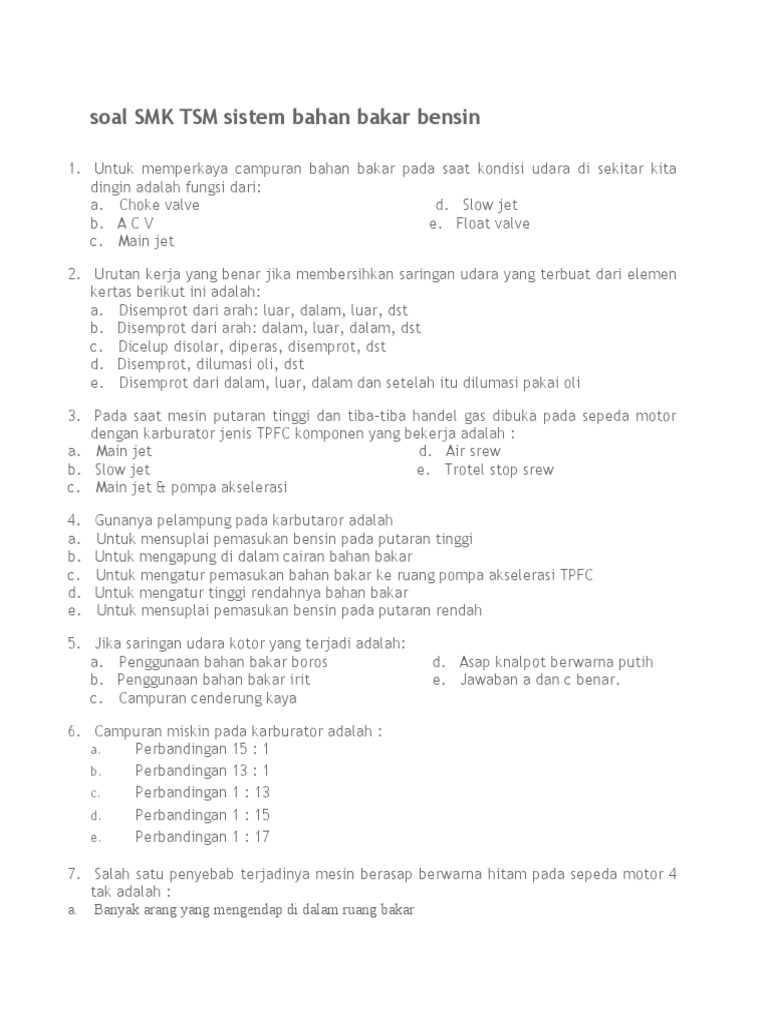 Soal SMK TSM Sistem Bahan Bakar Bensin | PDF