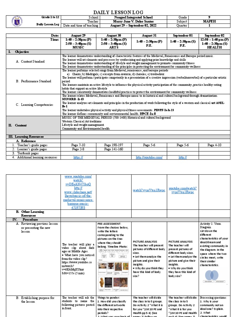 DLL MAPEH 9 - Week 1 | PDF | Body Mass Index | Cognitive Science