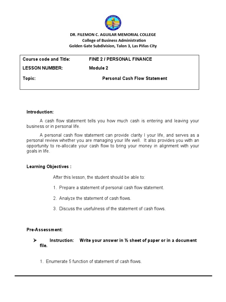 MODULE 2 SVV Personal Cash Flow Statement Student | PDF | Cash Flow ...