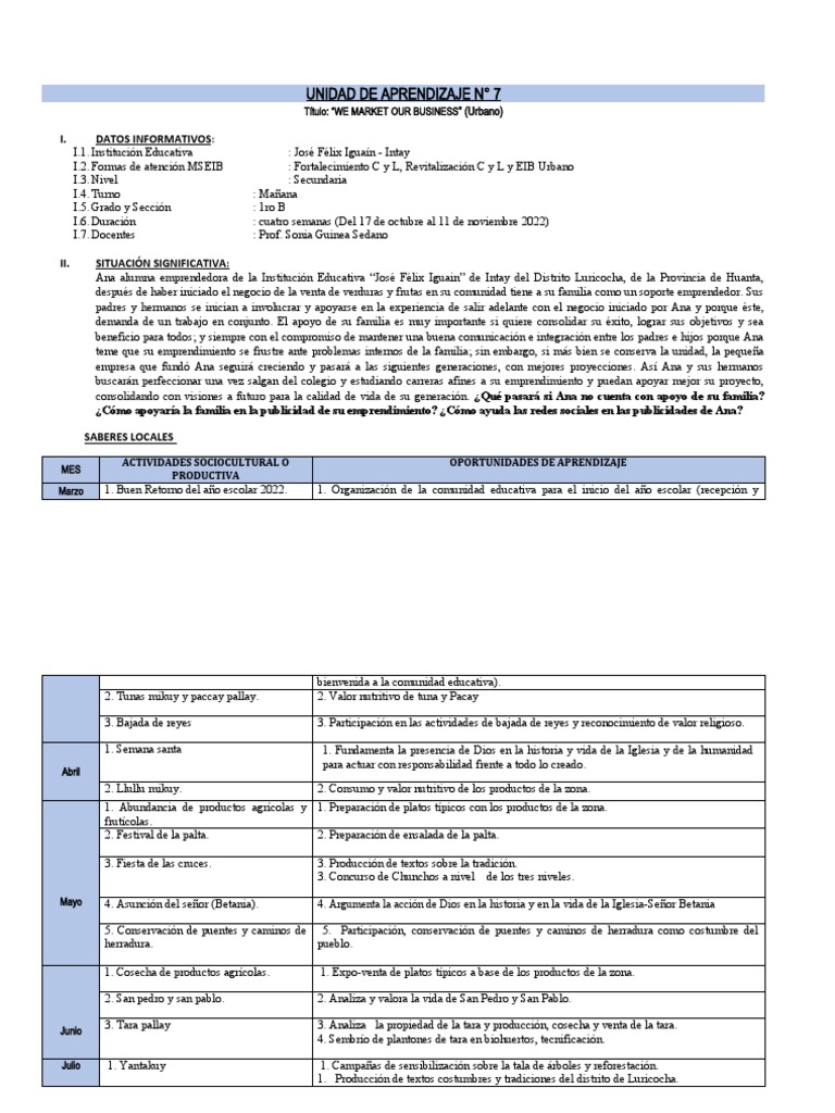 ingles-UNIDAD DE APRENDIZAJE Nro 7 1ro Grado | PDF | Evaluación ...