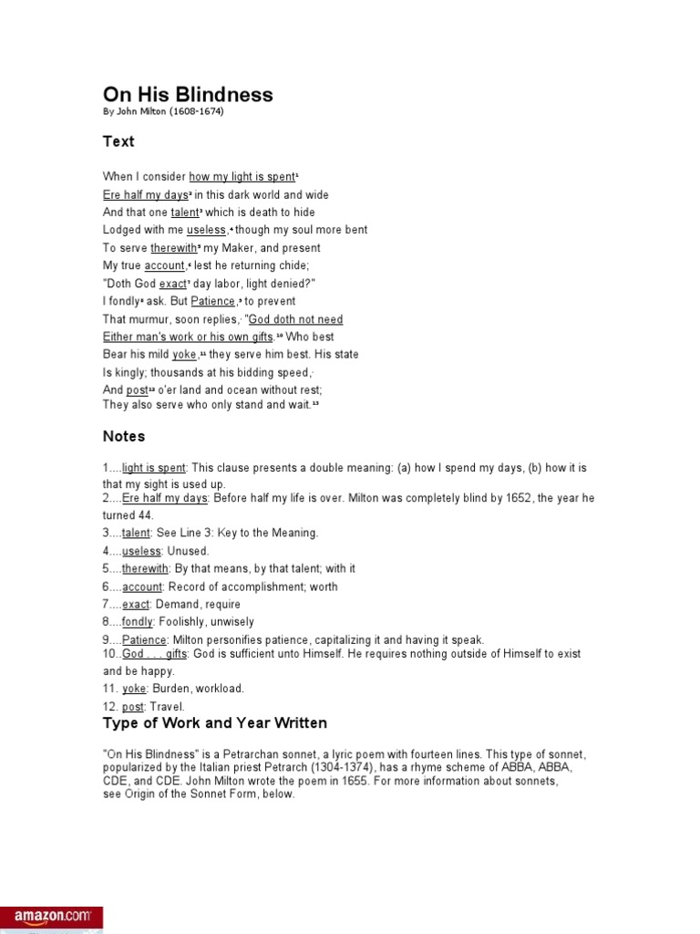 Milton's Sonnet on Blindness Analysis | PDF | Sonnets | Satan