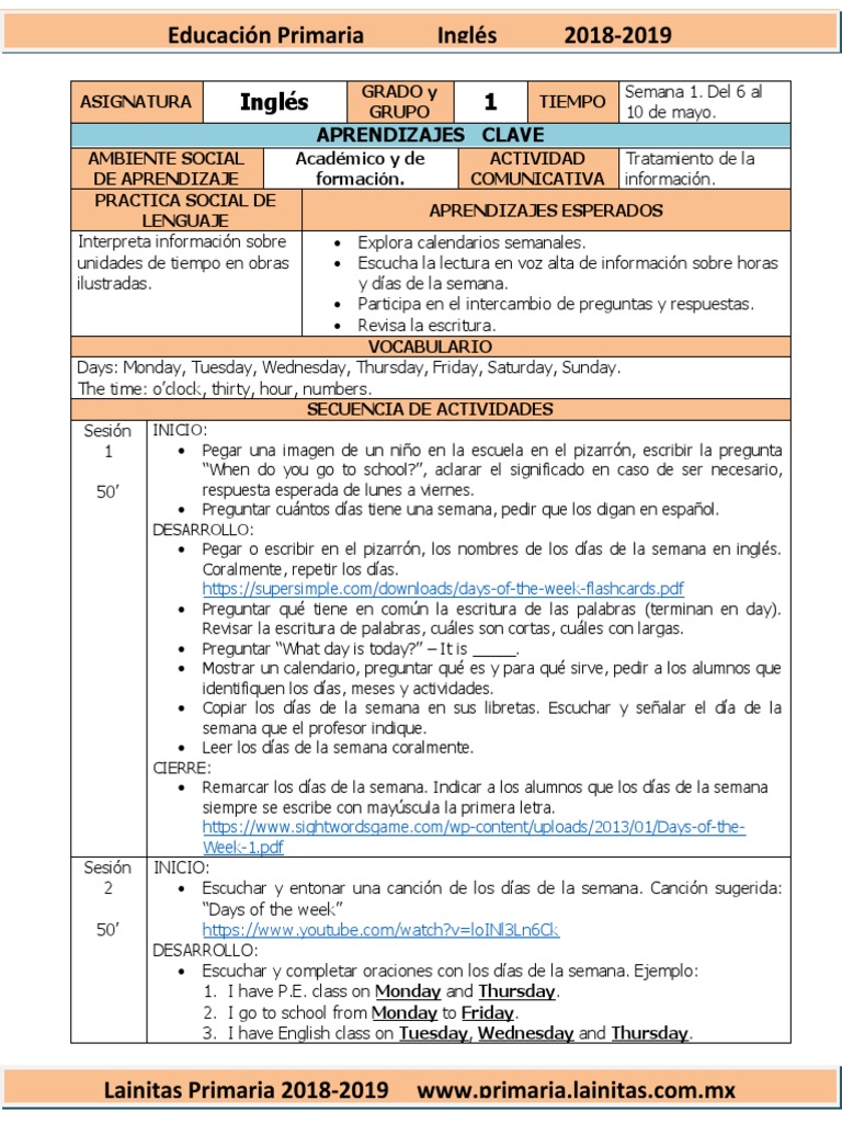 Planeacion Grado Inglés (2018-2019) | PDF | Educación primaria | Cognición