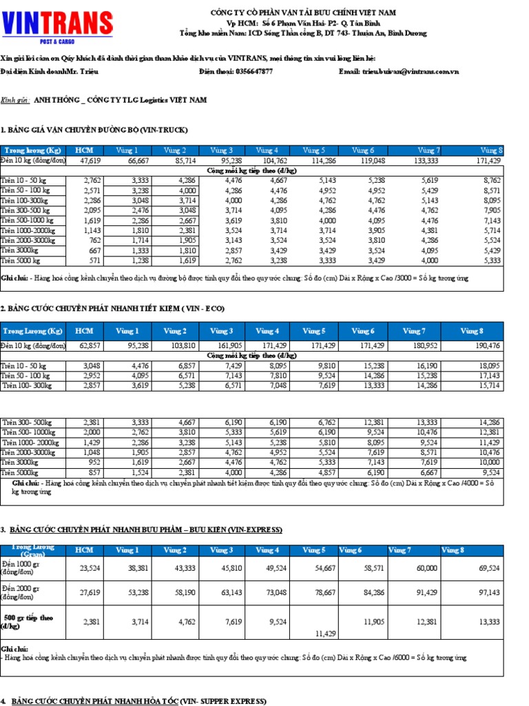 Vintrans - Báo Giá Vận Chuyển. | PDF