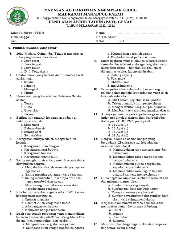 SOAL Pat PKN 7 | PDF