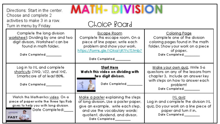 Math Choice Board 1 | PDF