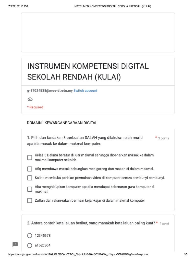 Instrumen Kompetensi Digital Sekolah Rendah (Kulai) | PDF