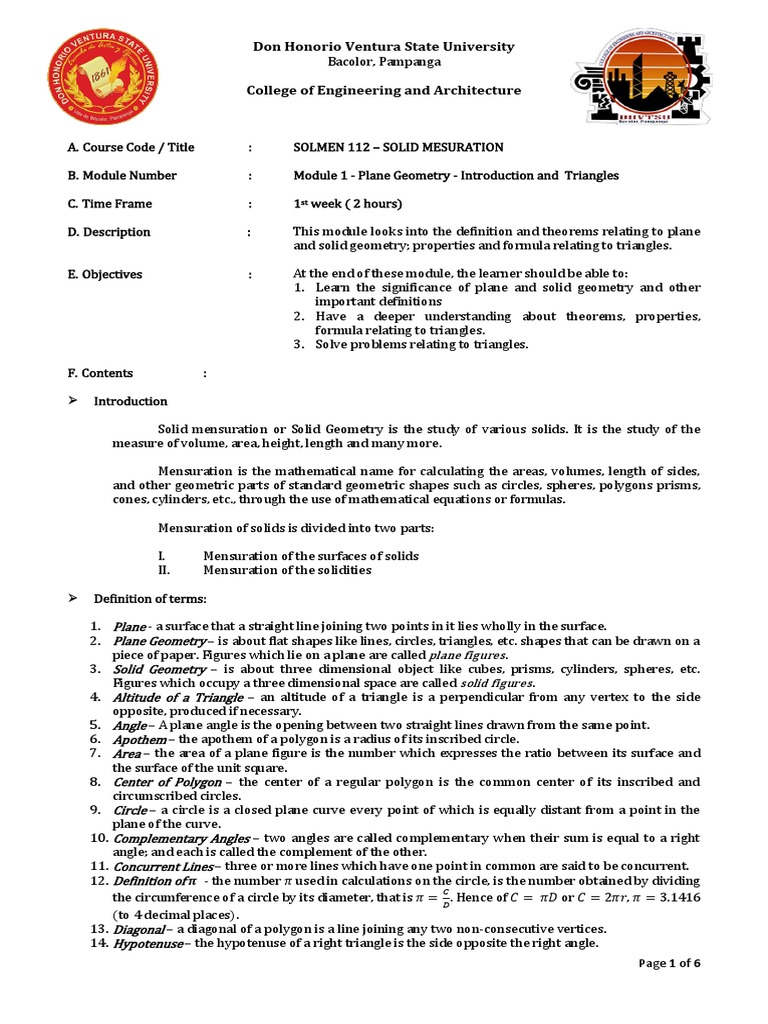 SOLMEN 112 - Module 1-Introduction and Triangles | PDF | Triangle ...