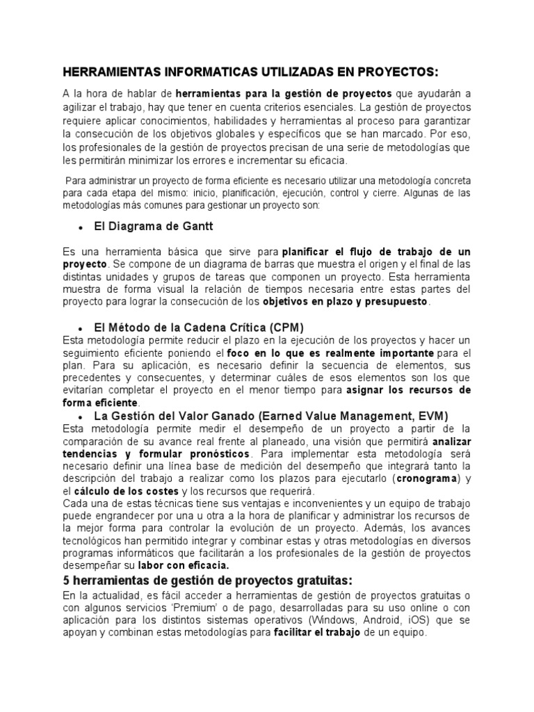 Herramientas informáticas utilizadas en la gestión de proyectos: una comparación de metodologías ...