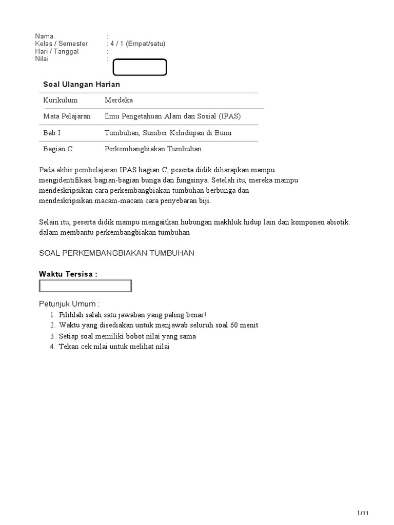 DICARIGURU SUMATIF IPAS Kelas 4 Perkembangbiakan Tumbuhan | PDF | Griya & Taman | Sains & Matematika