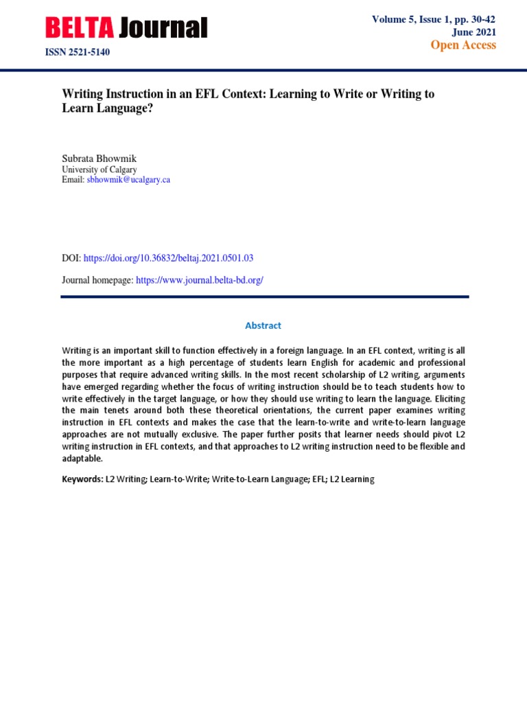 Writing Instruction In An Efl Context Learning To Pdf English As A