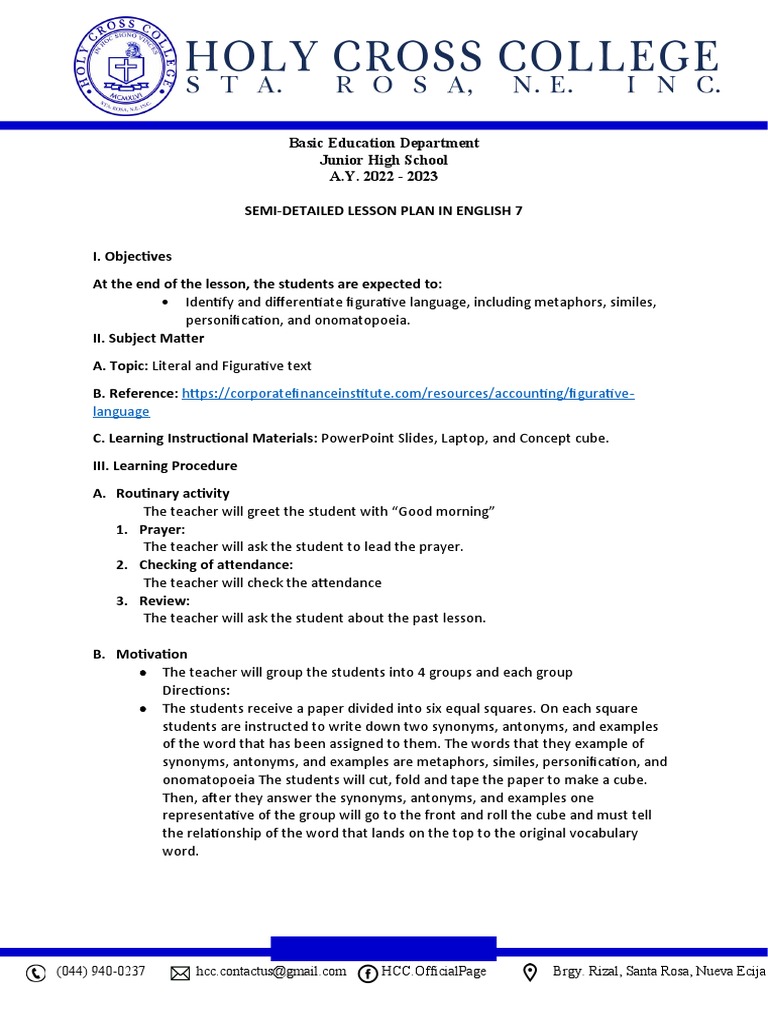 Lesson Plan: Literal vs. Figurative Language | PDF | Metaphor | Human ...