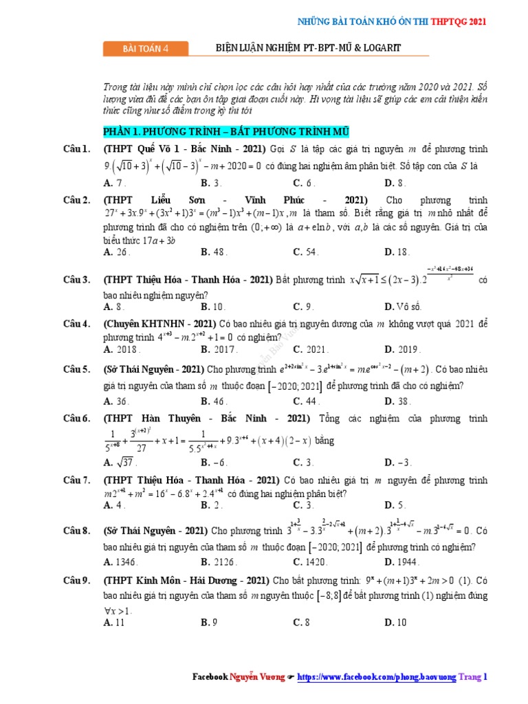Bài Toán 4. Biện Luận Nghiệm Pt-bpt Mũ - Logarit Câu Hỏi | PDF
