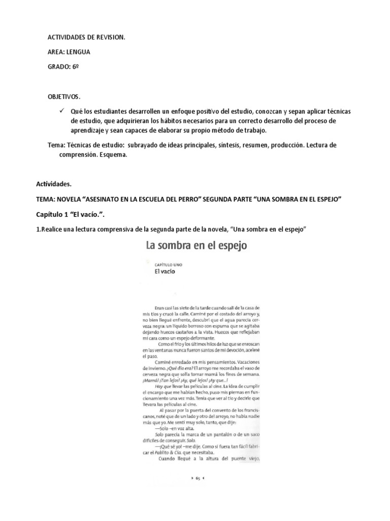 ACTIVIDADES DE REVISION LA NOVELA La Sombra en El Espejo | PDF