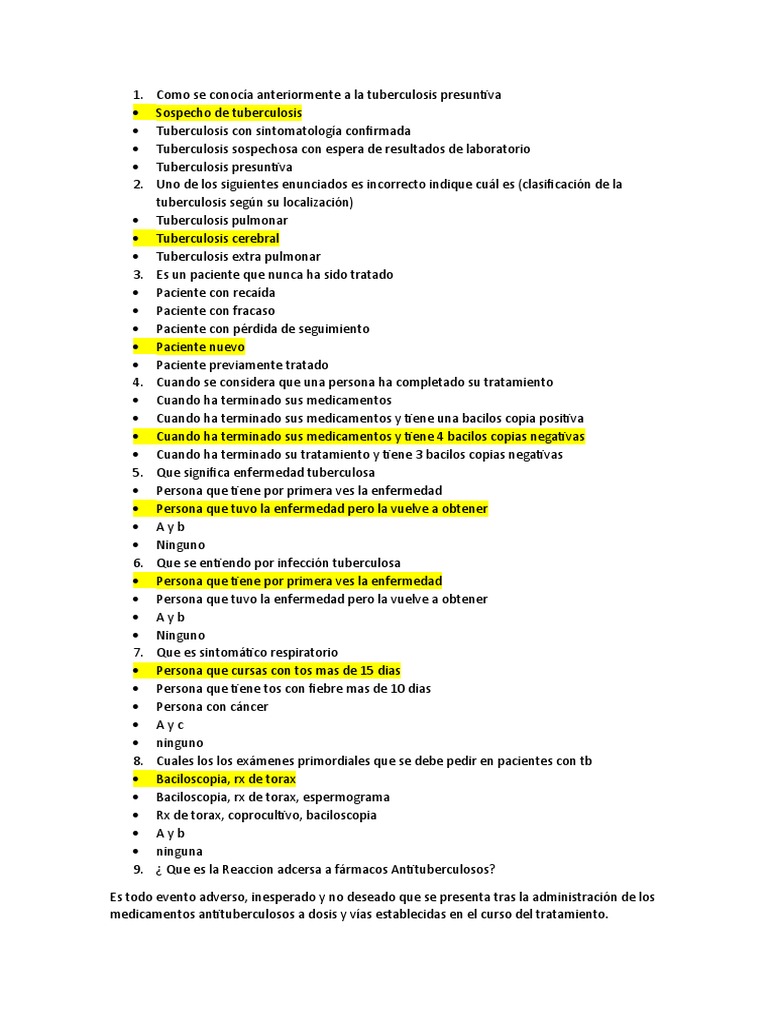 Cuestionario TUBERCULOSIS | PDF | Tuberculosis | Medicina