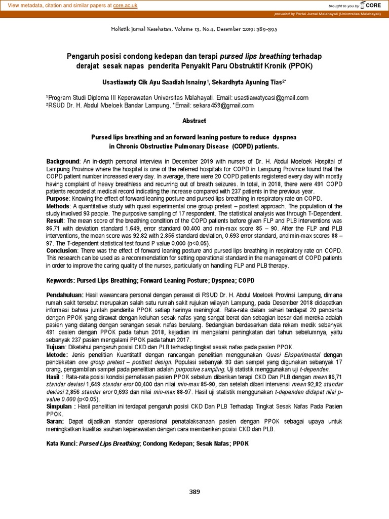 COPD patients' dyspnea reduced by forward leaning and pursed lips breathing | PDF | Chronic ...