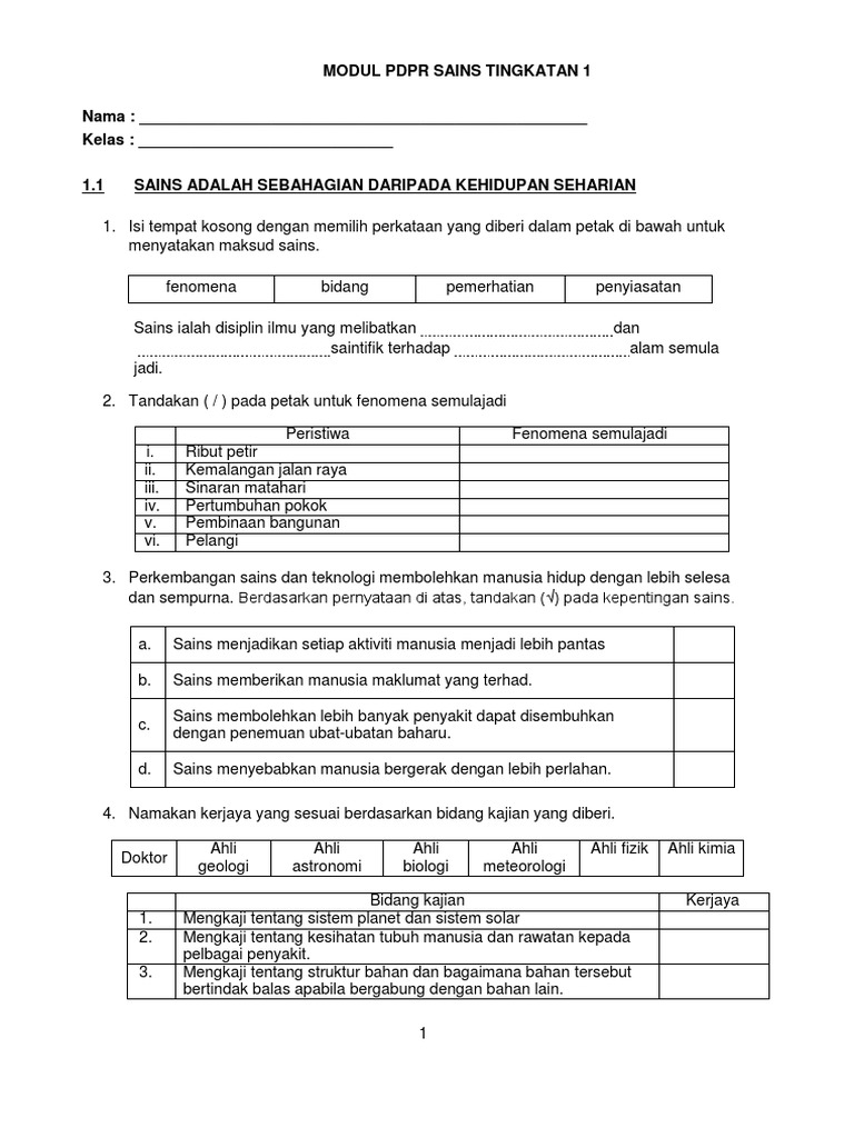 Modul PDPR Sains Tingkatan 1 (Bab 1) | PDF