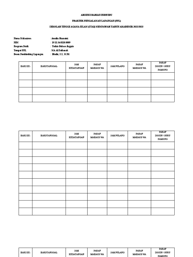 Absensi Harian Individu PPL 2022 | PDF