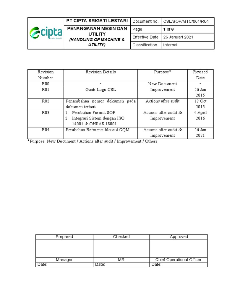 SOP Penanganan Mesin Dan Utility V2015 | PDF | Business