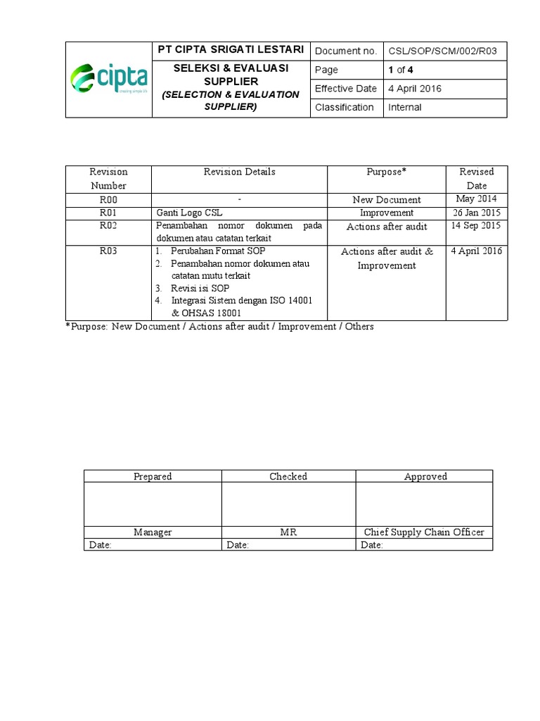 SOP Evaluasi Dan Seleksi Supplier V2015 | PDF | Information Technology Management | Business Process