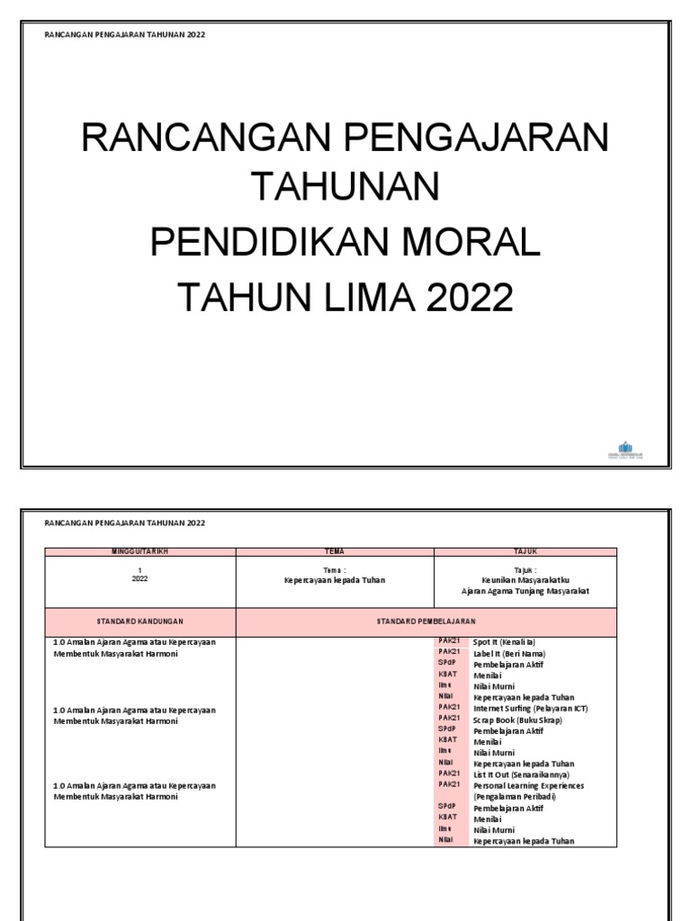RPT Moral Tahun 5 2022 | PDF