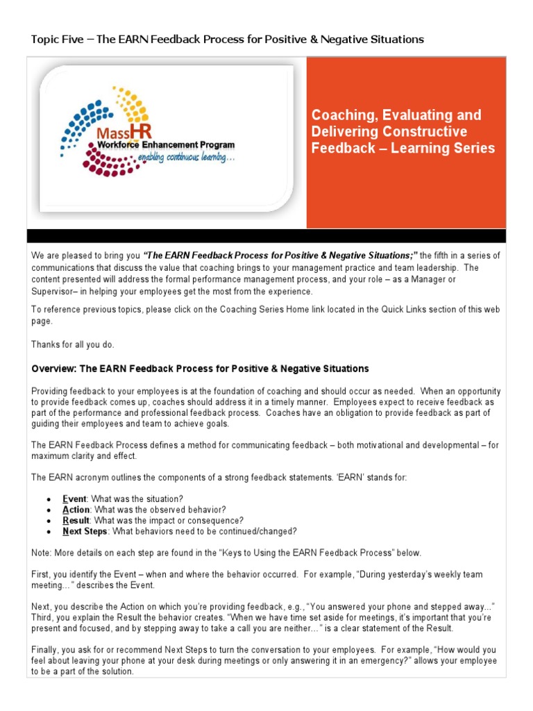Coaching Topic 5 The Earn Feedback Process | PDF | Feedback | Behavior