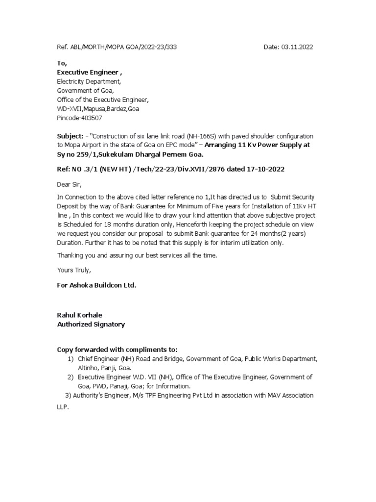 BG Letter For Installation of 11 KV at Dhargal | PDF | Technology ...
