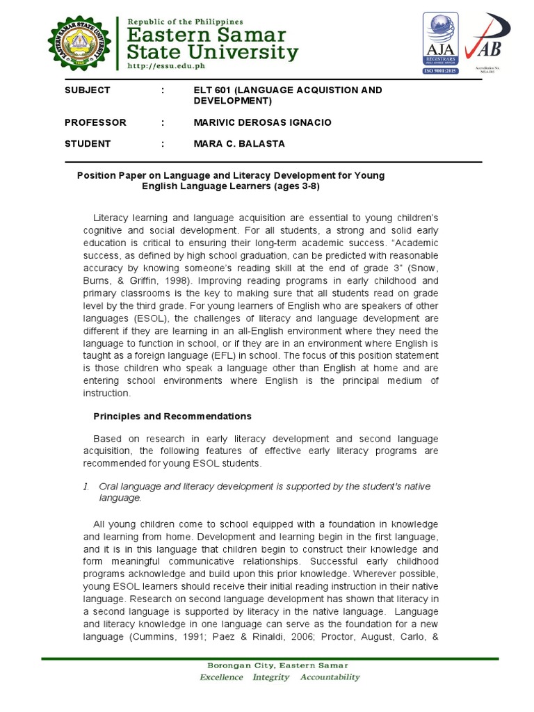 BALASTA Position Paper | PDF | English As A Second Or Foreign Language ...