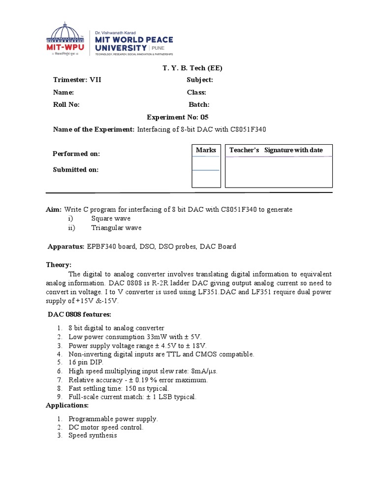 Experiment 5 DAC | PDF | Digital To Analog Converter | Power Supply