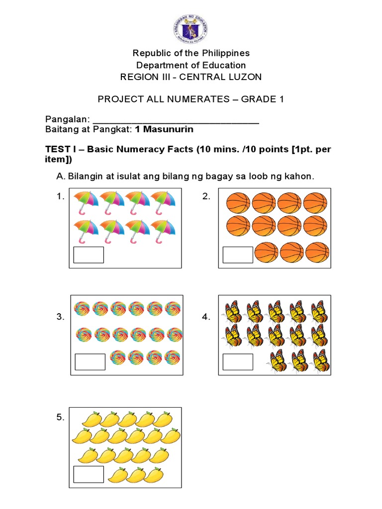 Grade 1 Project An Assessment Tool (Post Test-Tagalog) | PDF