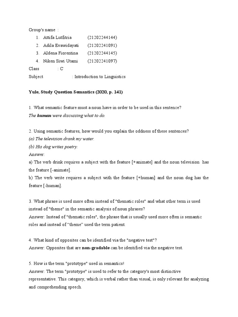 Study Question Semantics Group | PDF | Phrase | Subject (Grammar)